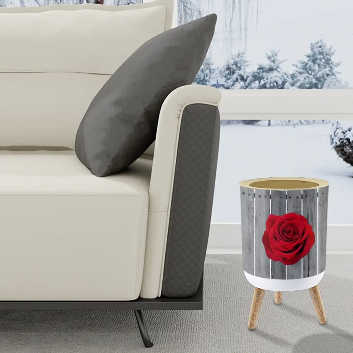 NBWEE Shabby Chic Small Trash Can with Lid Red Rose on Black and White on Wooden Board Wastebasket with Legs Simple Round Garbage Bin for Kitchen, Bathroom, Bedroom, Powder Room 1.8 Gallon - 7L