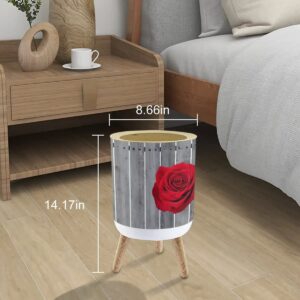 NBWEE Shabby Chic Small Trash Can with Lid Red Rose on Black and White on Wooden Board Wastebasket with Legs Simple Round Garbage Bin for Kitchen, Bathroom, Bedroom, Powder Room 1.8 Gallon - 7L