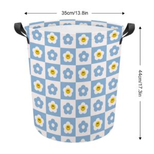 17.3 Inches Laundry Basket, Waterproof Collapsible Storage Basket, Round Dirty Clothes Hamper with Handles for Bedroom Room Toy Storage (Checkered Groovy Smiling Flowers)