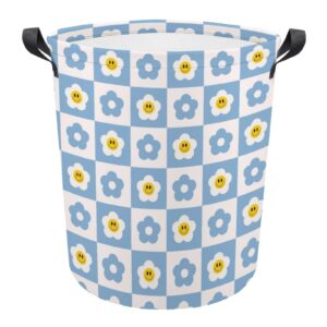 17.3 inches laundry basket, waterproof collapsible storage basket, round dirty clothes hamper with handles for bedroom room toy storage (checkered groovy smiling flowers)