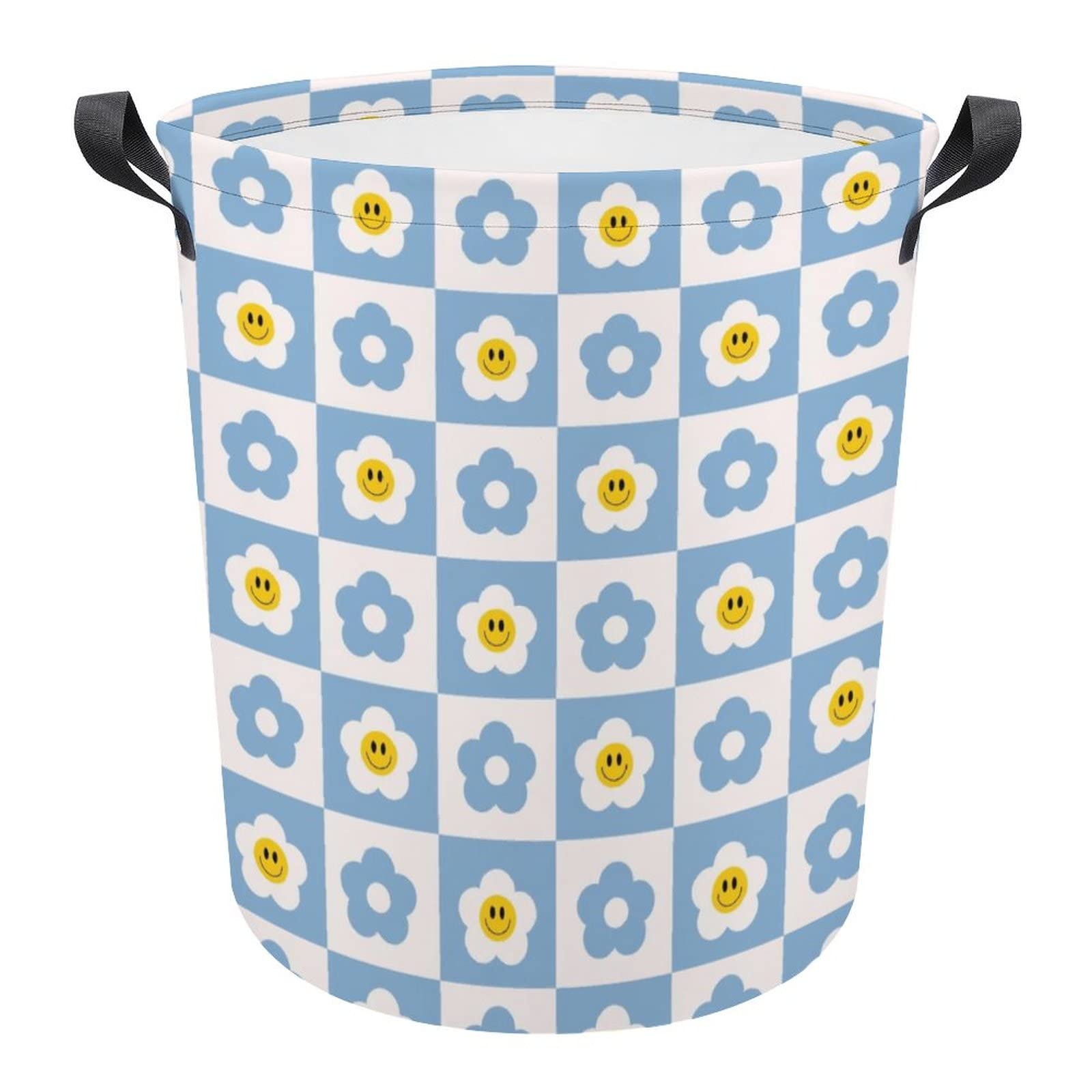 17.3 Inches Laundry Basket, Waterproof Collapsible Storage Basket, Round Dirty Clothes Hamper with Handles for Bedroom Room Toy Storage (Checkered Groovy Smiling Flowers)