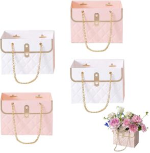 nadusep 4 pcs flower paper gift box, bouquet storage bucket florist handbag with metal chain, gift craft wrap bag for wedding party valentine's day birthday mother's day bridal shower gift wrap bags (white pink)