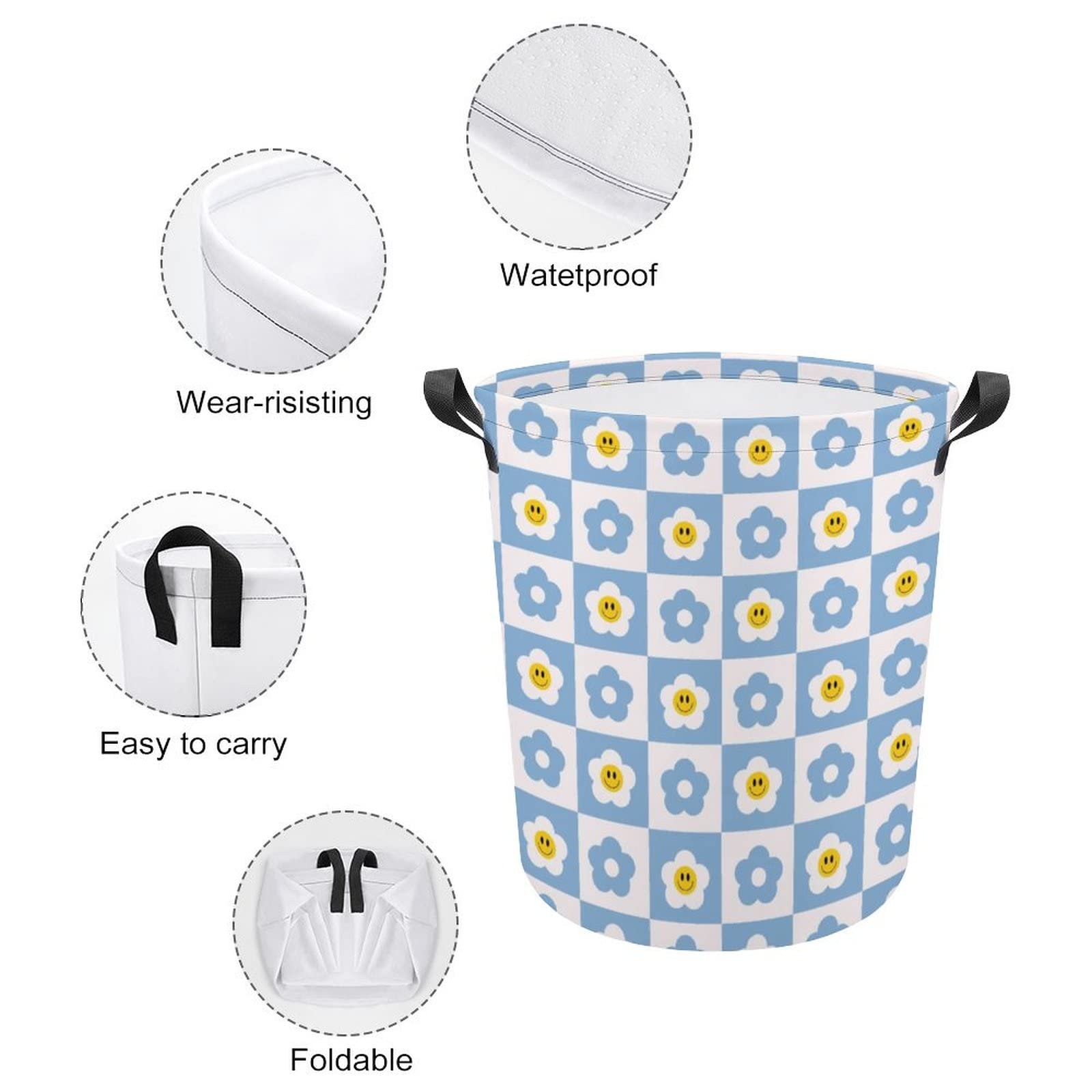 17.3 Inches Laundry Basket, Waterproof Collapsible Storage Basket, Round Dirty Clothes Hamper with Handles for Bedroom Room Toy Storage (Checkered Groovy Smiling Flowers)