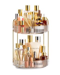 devokimi bathroom organizer countertop, rotating makeup organizer for vanity, 2-tier make up organizers and storage, vanity tray shelf for cosmetic, skin care, lotions (clear)