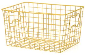 red co. 13” x 9.5” rectangular metal wire dog toy storage basket with handles, yellow