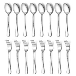 e-far 16-piece dinner forks and spoons, stainless steel silverware flatware eating utensils set for home kitchen restaurant, food grade metal & simple design, mirror finish & dishwasher safe, 8 inch