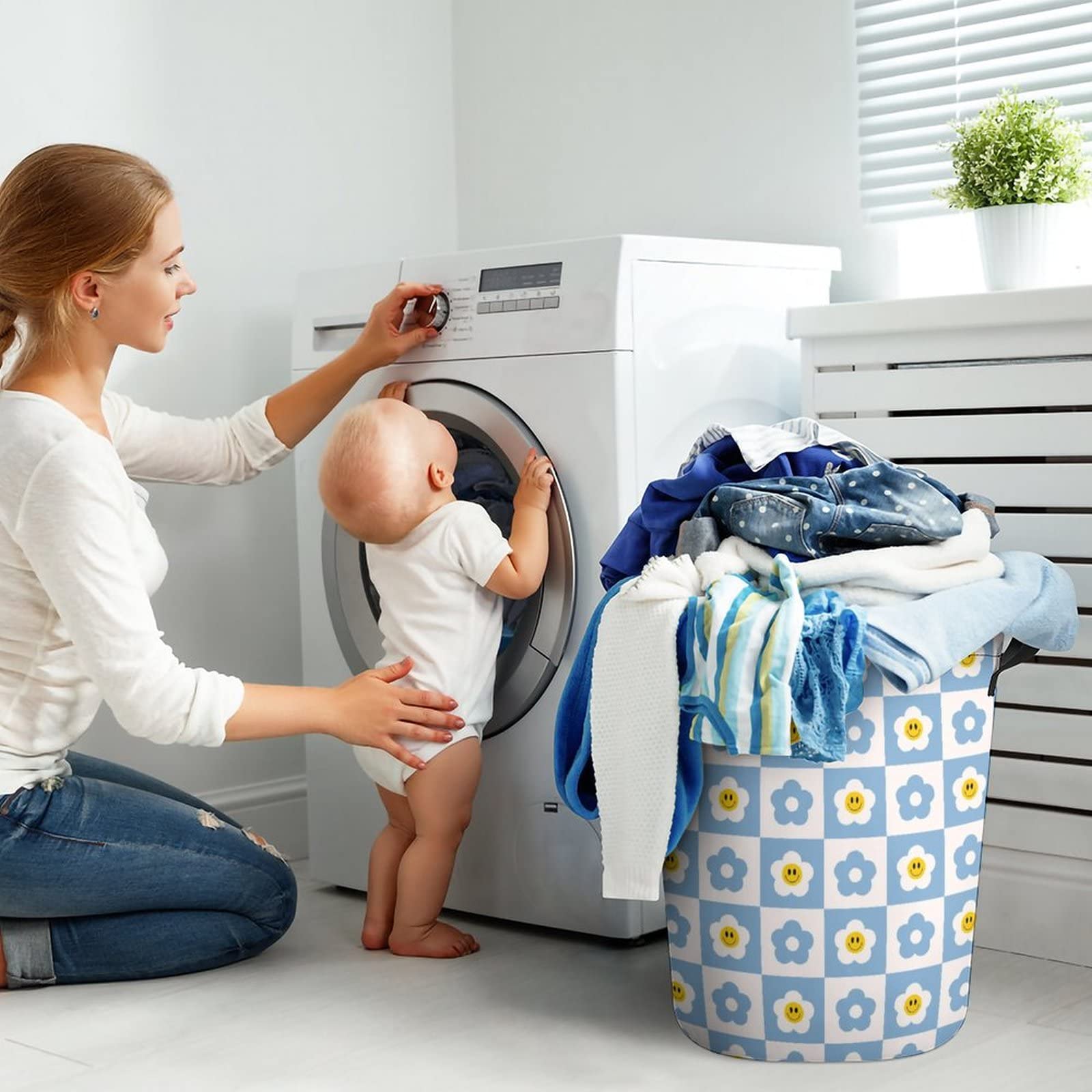 17.3 Inches Laundry Basket, Waterproof Collapsible Storage Basket, Round Dirty Clothes Hamper with Handles for Bedroom Room Toy Storage (Checkered Groovy Smiling Flowers)