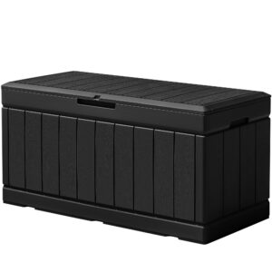 flamaker outdoor storage box 85 gallon resin waterproof deck box with wood texture large storage bin for patio cushions (black)