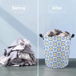 17.3 Inches Laundry Basket, Waterproof Collapsible Storage Basket, Round Dirty Clothes Hamper with Handles for Bedroom Room Toy Storage (Checkered Groovy Smiling Flowers)