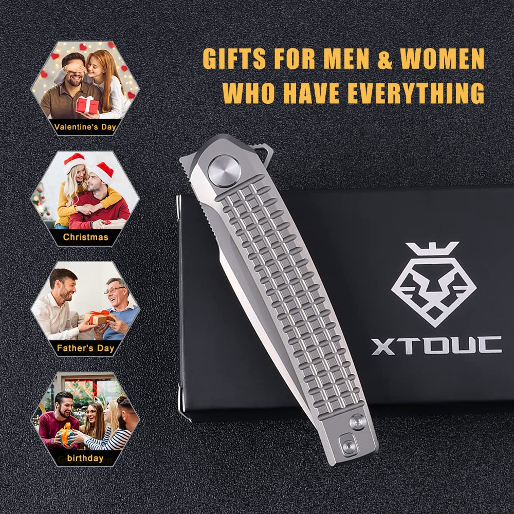 XTOUC Pocket Folding Knife, Sandblasted M390 Blade, Titanium Handle, EDC Knife with Frame Lock, Ceramic Ball Bearing, Deep Carry Pocket Clip, Front Flipper Opening, Knives for Men and Women RX302