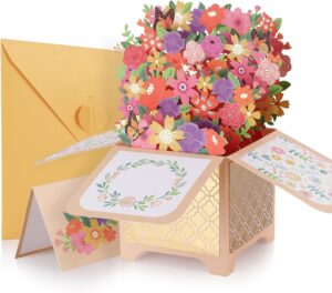 giiffu flower pop up card, colorful flowers & butterflies, handmade 3d greeting cards for her with note card and envelope for all occasion, mothers day, thanksgiving, thank you card(7" x 6.7")