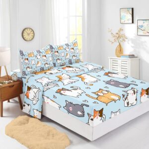 bailipromise cartoon cat bed sheet girls boys little kitten bedding set for teens children cute cat fitted sheet flat sheet kawaii animal bed cover 4pcs queen size