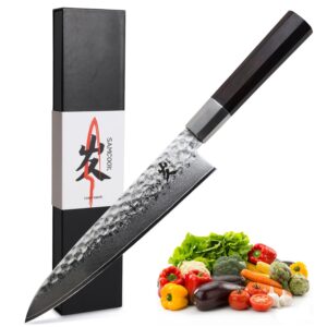 samcook japanese chef knife - 8 inch professional hand forged gyuto knife - vg-10 damascus high carbon stainless steel kitchen cooking knife - ergonomic black sandalwood handle with gift box