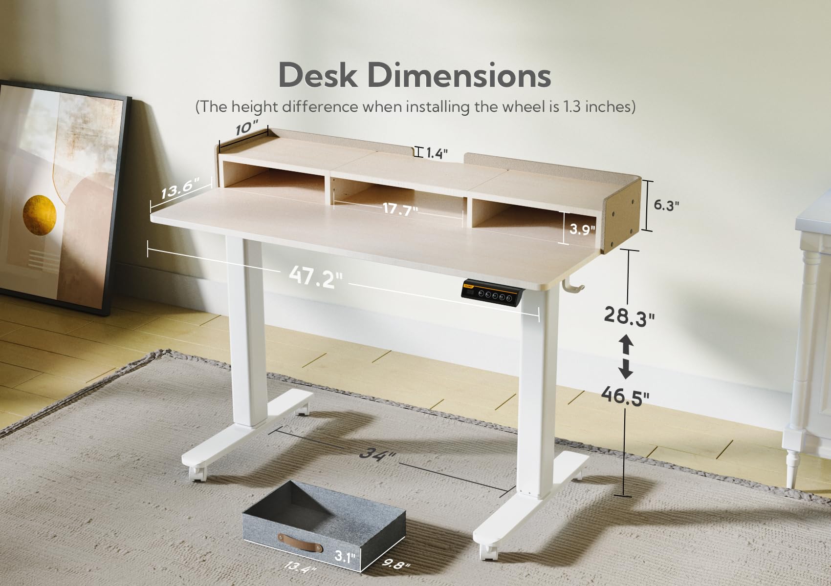 Claiks Standing Desk with Drawers, Stand Up Electric Standing Desk Adjustable Height, Sit Stand Desk with Storage Shelf and Splice Board, 48 Inch, Natural