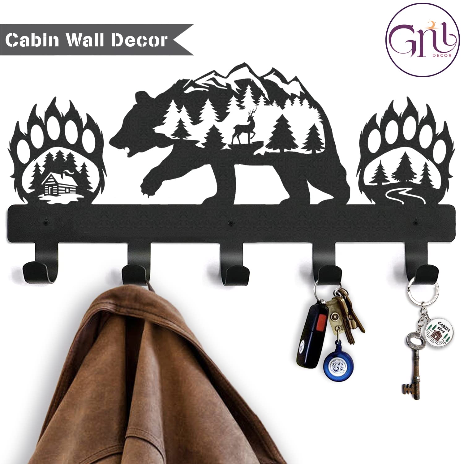 Good Night Love Bear Coat Hooks Decor - Cabin Decorations Coat Hooks Wall Mounted Entryway 15"x8" - Bear Decorations for Home Metal Black Bear Hook - Rustic Cabin Decor Gifts for Cabin Owners