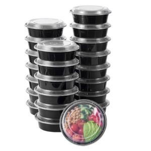 fuling 24 oz 50 ct round meal prep food storage containers with lids to go plastic lunch plan box disposable take out bowls black bpa free reusable durable stackable microwave freezer dishwasher safe