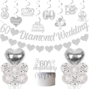 fangleland 60th diamond wedding anniversary decorations, glitter banner, cake topper, hanging swirl, silver heart-shaped love foil balloons, party festival celebration supplies sets