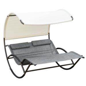 outsunny outdoor double chaise rocking chair, day bed sun lounger with canopy shade, headrest pillow, armrests for garden, poolside, light gray