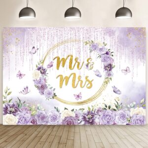 mehofond 7x5ft mr and mrs violet wedding backdrop for bridal shower purple flowers dripping glitter photography background gold geometric couple wedding party decor bride to be engagement banner prop