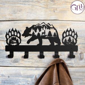 Good Night Love Bear Coat Hooks Decor - Cabin Decorations Coat Hooks Wall Mounted Entryway 15"x8" - Bear Decorations for Home Metal Black Bear Hook - Rustic Cabin Decor Gifts for Cabin Owners