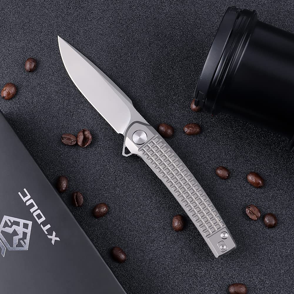 XTOUC Pocket Folding Knife, Sandblasted M390 Blade, Titanium Handle, EDC Knife with Frame Lock, Ceramic Ball Bearing, Deep Carry Pocket Clip, Front Flipper Opening, Knives for Men and Women RX302