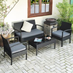 toolsempire outdoor conversation set 4 pieces patio furniture, wicker patio chair sofa set with water-resistant gray cushion & tempered glass table for backyard, balcony, porch(black)