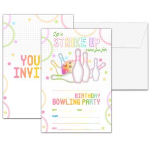 chuxvon bowling birthday party invitations, strike up birthday invitation, double-sided neon glow themed fill in invites, kids glow bowling birthday party decorations, 20 cards with 20 envelopes(c07)