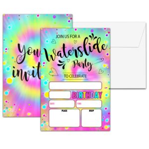 chuxvon waterslide birthday party invitations, summer pool birthday invitation, double-sided tie dye themed fill in invites, kids splash birthday party decorations, 20 cards with 20 envelopes(c04)