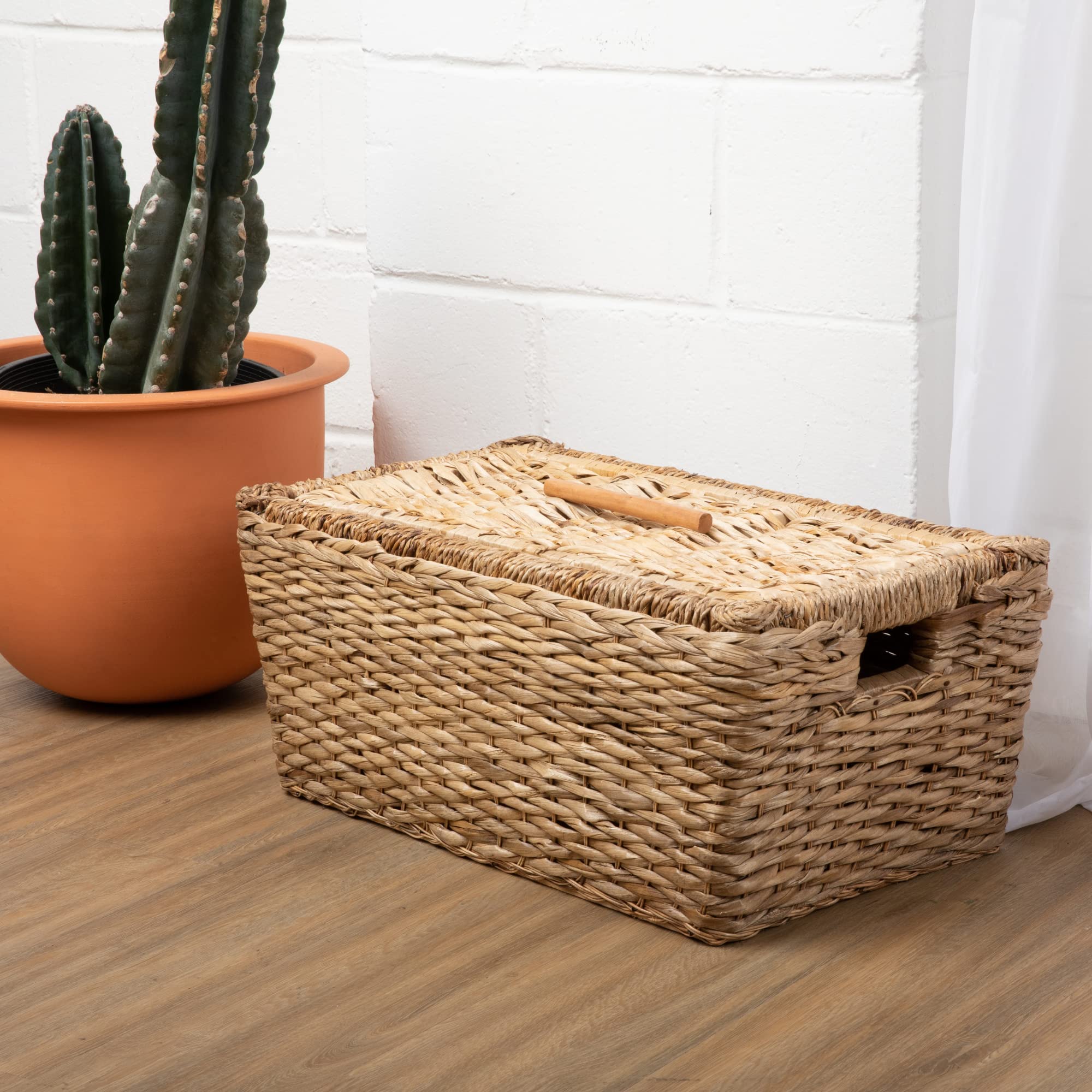 Wholestory Collective Large Wicker Storage Basket Rattan Woven Toy Chest Blanket Rectangular Basket with Lid Organizers Box for Laundry, Pillows, Kids Toys, and Books with Handles