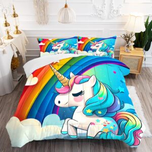 fuyeun unicorn bedding twin for girls rainbow comforter set for kids children boys teens cartoon unicorn colorful starry blue glitter quilt 1 comforter + 1 pillow case