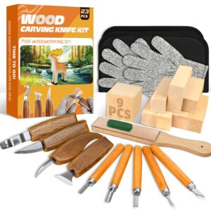 wood carving kit, 23pcs wood carving tool with 4pcs wood carving knives & 5pcs detail knives 9 basswood blocks & gloves & roll bag & strop block & polishing compound whittling kit hobbies for adults