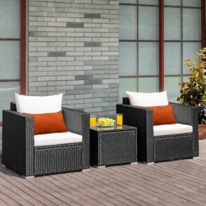 toolsempire 3 pieces patio conversation set outdoor rattan wicker furniture set with water-resistant cushion & tempered glass tabletop, wicker chair for porch, balcony, backyard(beige)