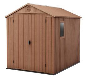 keter darwin 6x8 resin outdoor storage shed kit-perfect to store patio furniture, garden tools bike accessories, beach chairs and lawn mower, brown