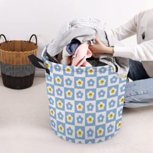 17.3 Inches Laundry Basket, Waterproof Collapsible Storage Basket, Round Dirty Clothes Hamper with Handles for Bedroom Room Toy Storage (Checkered Groovy Smiling Flowers)