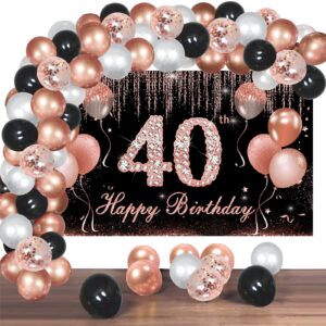 40th birthday banner decorations with confetti balloon arch garland, rose gold and black happy 40 birthday backdrop balloon kit party supplies for women, forty year old bday background sign decor