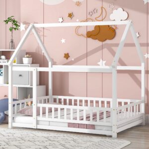 full size house floor bed wooden montessori bed with fence and roof for kids playhouse style bed frame for girls boys teens, white