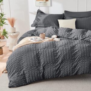 hymokege dark grey duvet cover queen size, ultra soft & breathable 3pc seersucker duvet cover set with zipper closure & corner ties–includes 1 duvet cover (90"x90") & 2 pillowcases