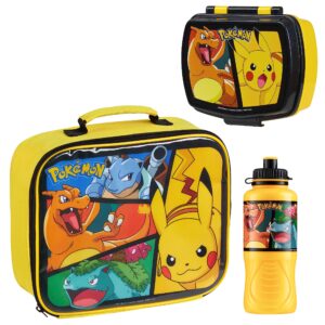 pokemon kids insulated lunch bag, lunch box and water bottle, 3 piece set (amarillo)