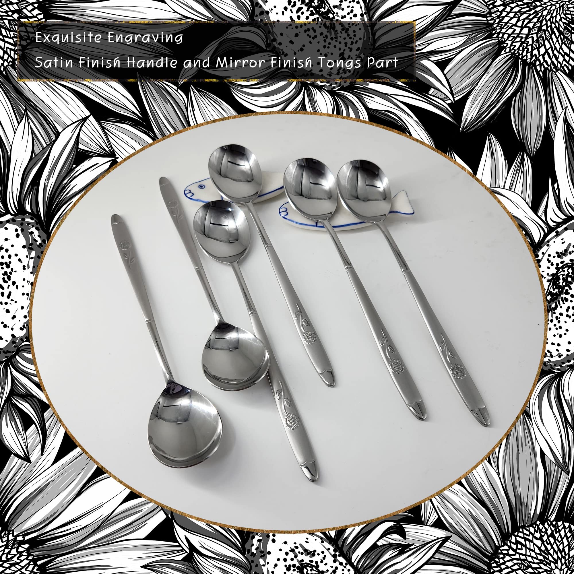 Balwoo [6 P][Made in Korea] Korean Style Soup Spoon 8.5 inch Premium 430(18/0) Stainless Steel Dessert Spoons Dinner Spoon, Table Spoon, Rice Spoon Ice Cream Scoop (Sunflower)