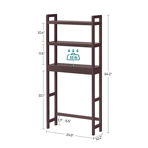 TINKLE WELL Bamboo Over The Toilet Storage, 3-Tier Bathroom Organizer Rack with Adjustable Bottom Bar, Space Saver, Natural, 64.2'' x 24.8'' x 10.2''