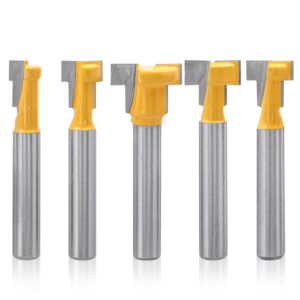 mesee 5 pieces t-slot router bit set, 1/4 inch shank t slotting keyhole router bits woodworking t-track grooving milling cutter tool for 5/16", 3/8", 1/2", 7/16", 5/8" hex bolts