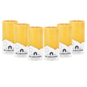 bluecorn beeswax 100% pure beeswax pillar candles | natural beeswax candles, unscented yellow candles | soy, paraffin, & fragrance free | 3x6, 90 hour burn time, bulk 6-pack | handmade in colorado