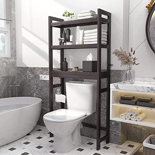 TINKLE WELL Bamboo Over The Toilet Storage, 3-Tier Bathroom Organizer Rack with Adjustable Bottom Bar, Space Saver, Natural, 64.2'' x 24.8'' x 10.2''