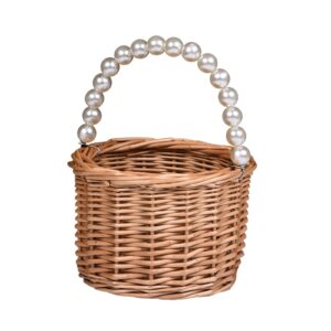 betaulife wicker rattan flower girl basket,pearl handle flower girl basket,wedding flower girl basket and home decorations.