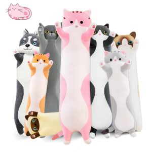 nxnynz long cat plush pillow, 19.6in cute pink cat plushie stuffed animals body pillow, kawaii kitten soft plushie doll toy birthday gift for kids girlfriend