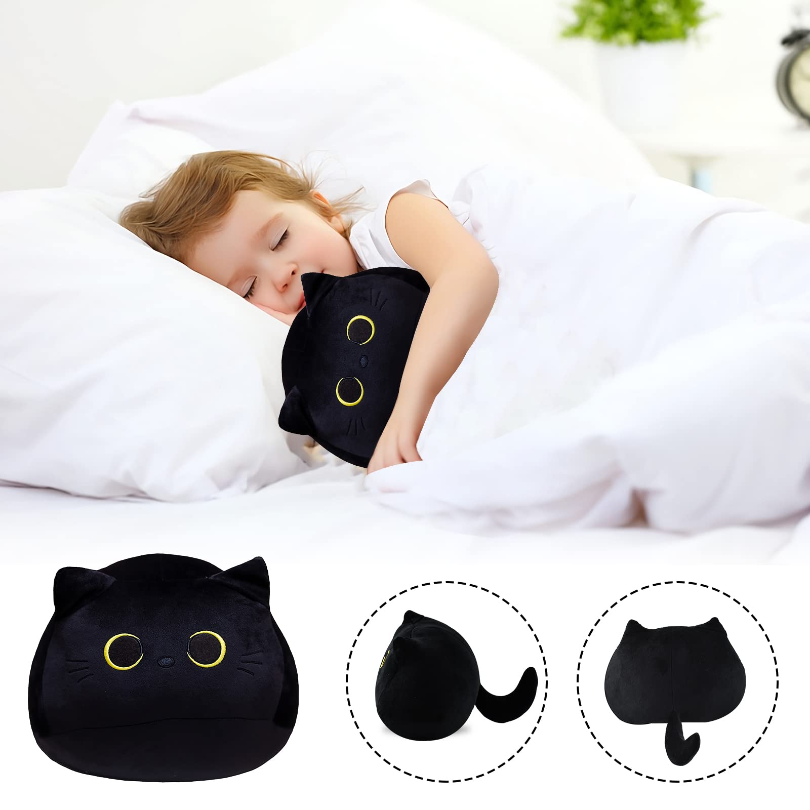 AudeRhine 10'' Cute Black Cat Plush Toys, Soft Cat Pillow Squishy Plushies, Cat Stuffed Animals Kawaii Plush Toys Home Decoration Gift for Cat Lovers Kids Boys Girls (Black, 10 Inch)