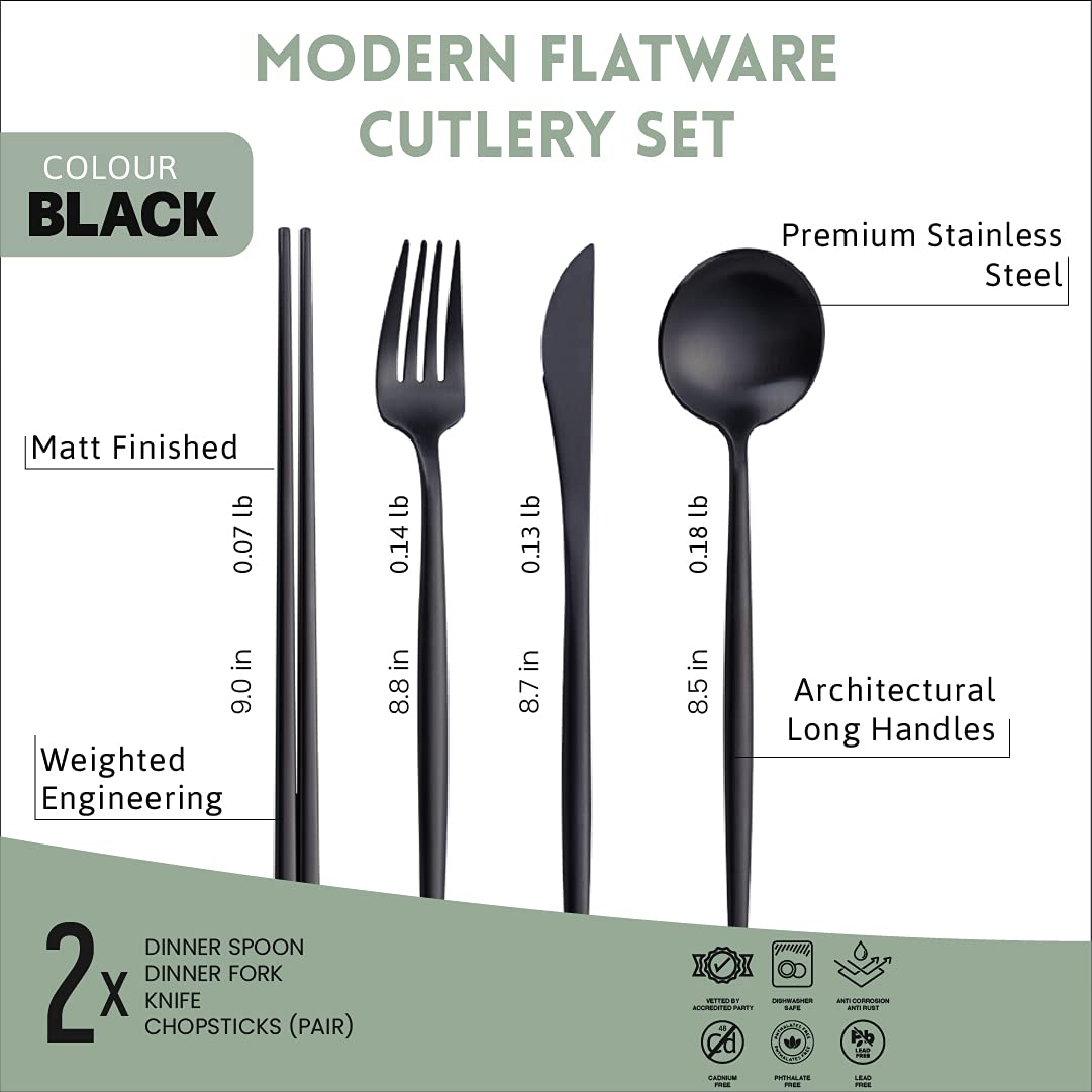 KiiZYs Matte Black Silverware Set - 8-piece Modern Flatware Stainless Steel Chopsticks – Kitchen Utensils Gifts for Couples - Cutlery Spoon Fork Knife Dishwasher Safe New Home (Black, Service for 2)