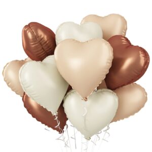 brown apricot heart balloons, 10pcs coffee cream beige foil heart shape balloons, 18inch nude neutral foil balloons for helium valentines decorations for engagement, brithday, baby shower, wedding