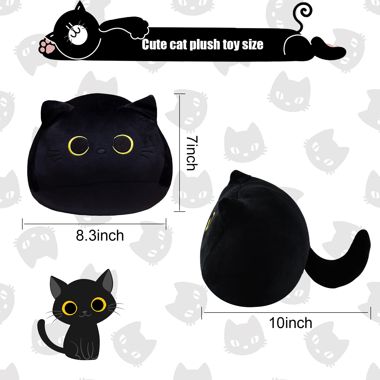 AudeRhine 10'' Cute Black Cat Plush Toys, Soft Cat Pillow Squishy Plushies, Cat Stuffed Animals Kawaii Plush Toys Home Decoration Gift for Cat Lovers Kids Boys Girls (Black, 10 Inch)