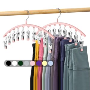 legging organizer for closet, metal yoga pants hangers 2 pack w/10 clips holds 20 leggings, space saving hanging closet organizer w/rubber coated closet organizers and storage, pink